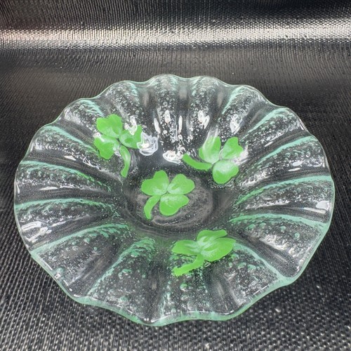 Hand Made Fused Art Glass Clover Leafs Shamrock Dish Bowl Trinket Dish ...