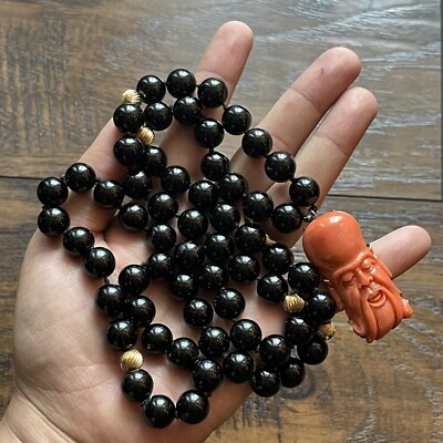 Natural Undyed Chinese Shou Xin Coral Black Onyx 14k Gold Bead Jewelry ...