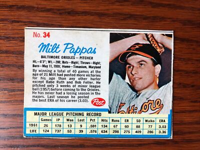 1962 Post Baseball Card #34 Milt Pappas-Baltimore Orioles Hand Cut Card ...