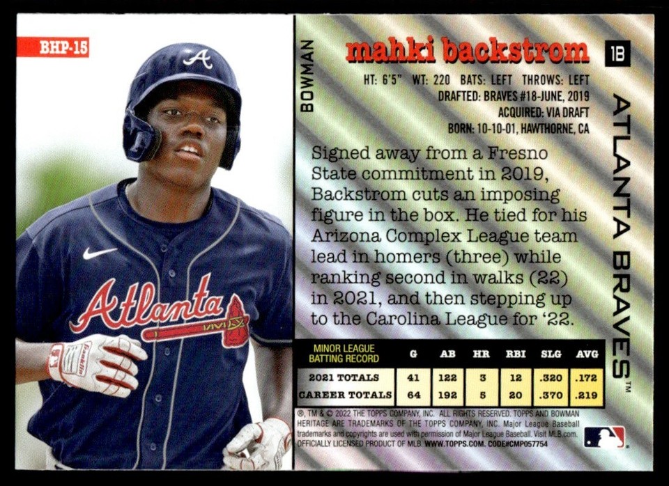 2022 Bowman Heritage Prospects #BHP-15 Mahki Backstrom Atlanta Braves ...