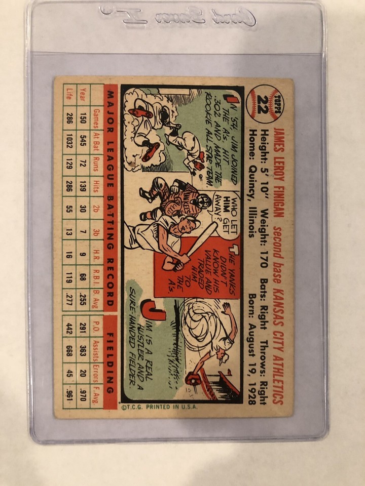 1956 Topps # 22 Jim (James) Finigan Kansas City A’s Baseball Card | eBay