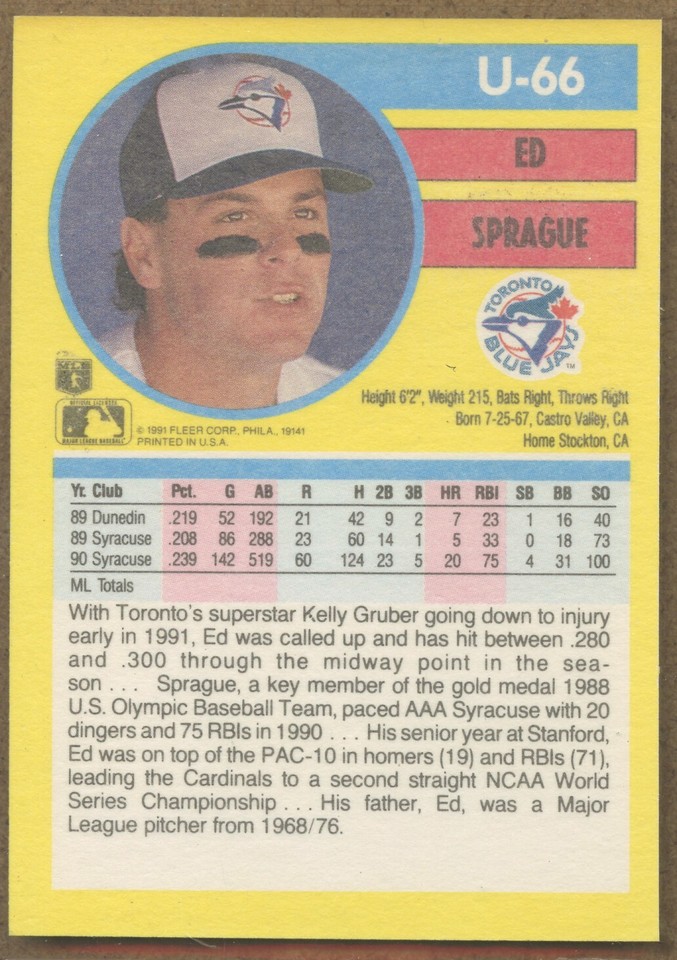 1991 Fleer Update #66 Ed Sprague Toronto Blue Jays Rookie | eBay