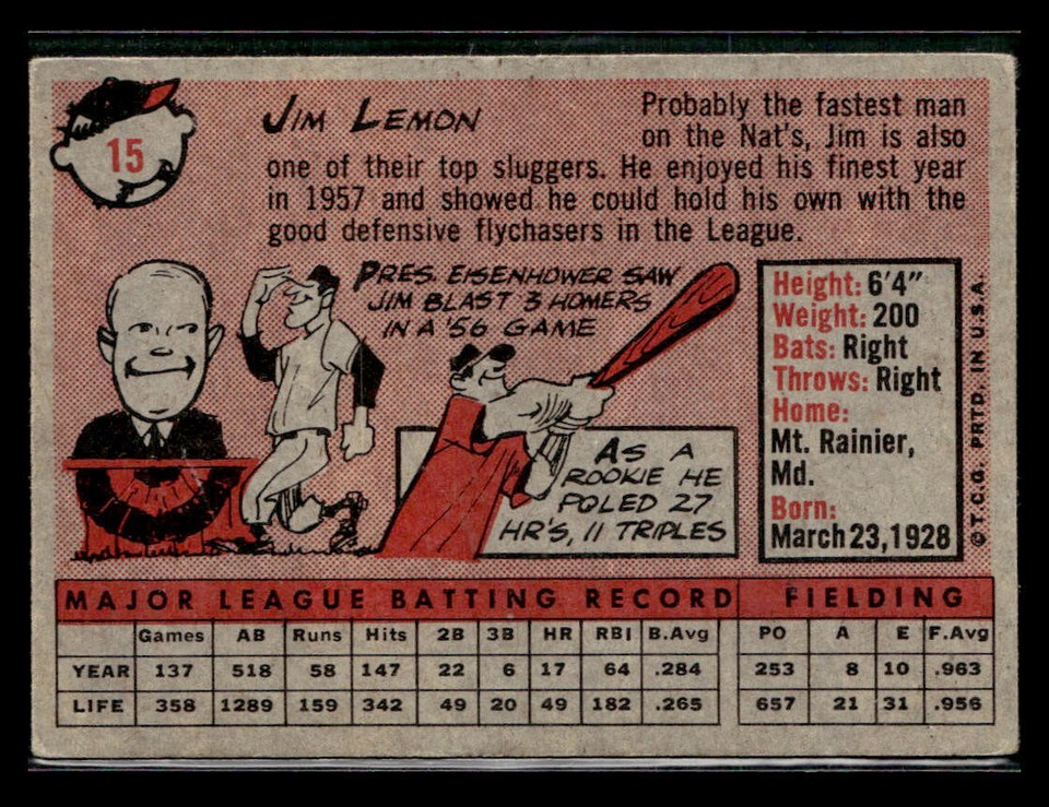1958 Topps Baseball #15 Jim Lemon Card - VGEX #5283 | eBay