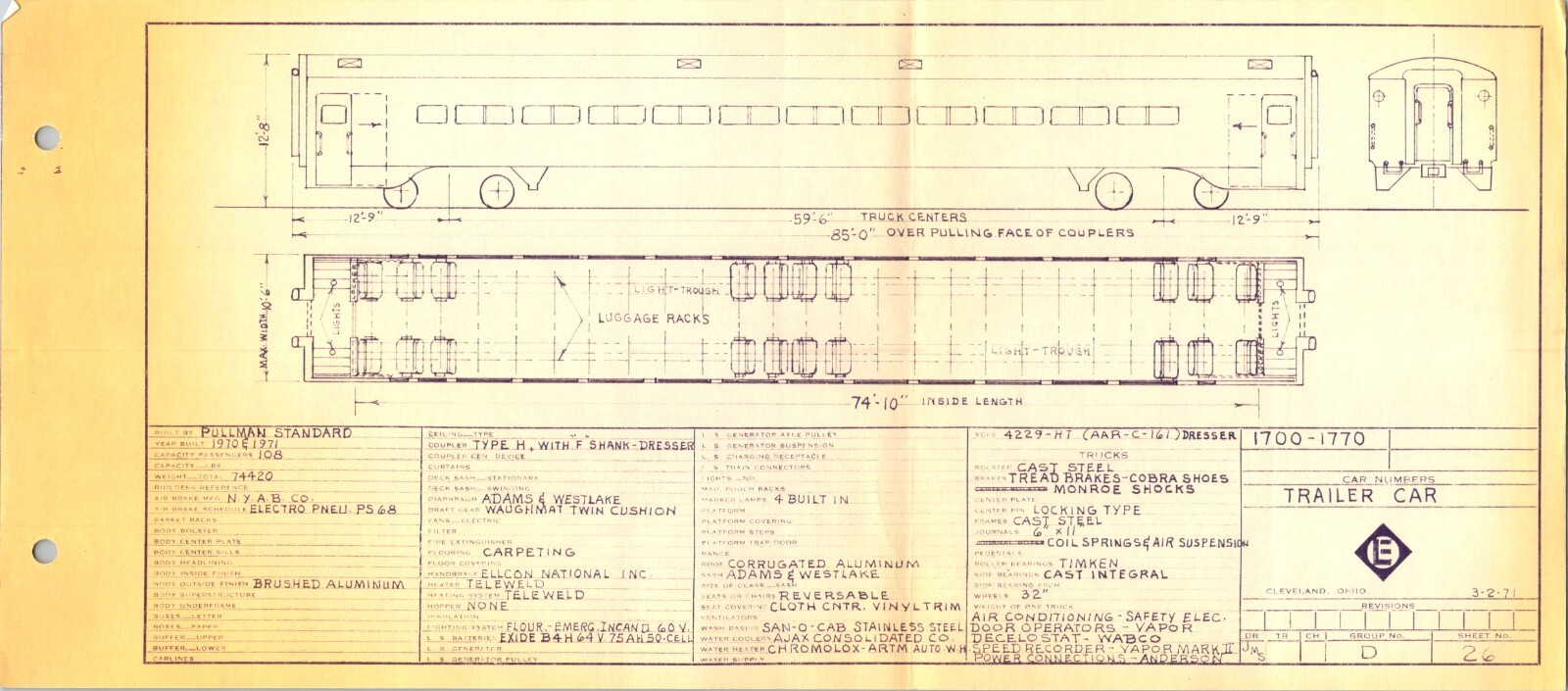 Erie Railroad Yellow "Blueprint" Pullman Standard Trailer Car March 3 ...