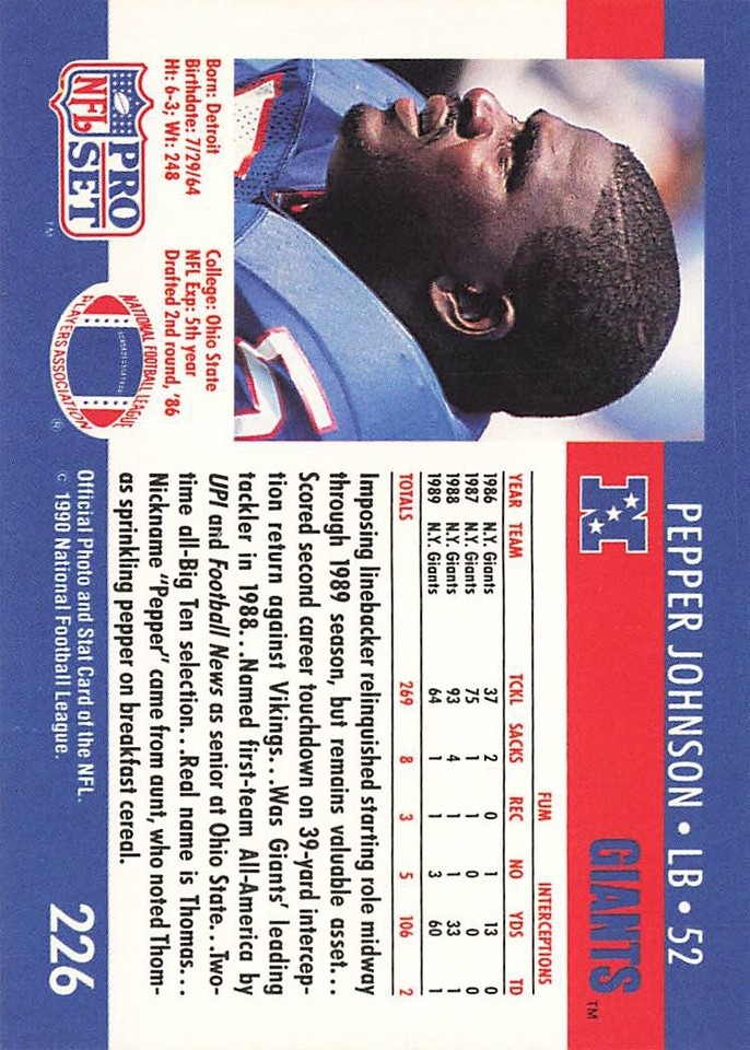 1990 Pro Set #226 Pepper Johnson New York Giants | eBay