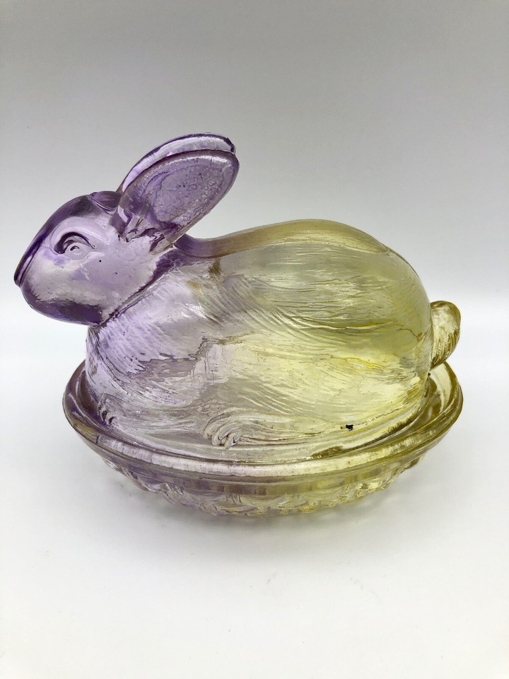 Glass Bunny Rabbit on Basket Weave Nest Candy or Trinket Dish Yellow ...