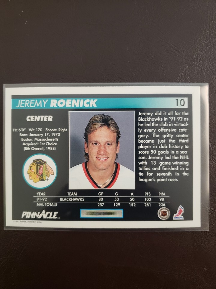 1992-93 Jeremy Roenick Pinnacle Hockey Chicago Blackhawks | eBay
