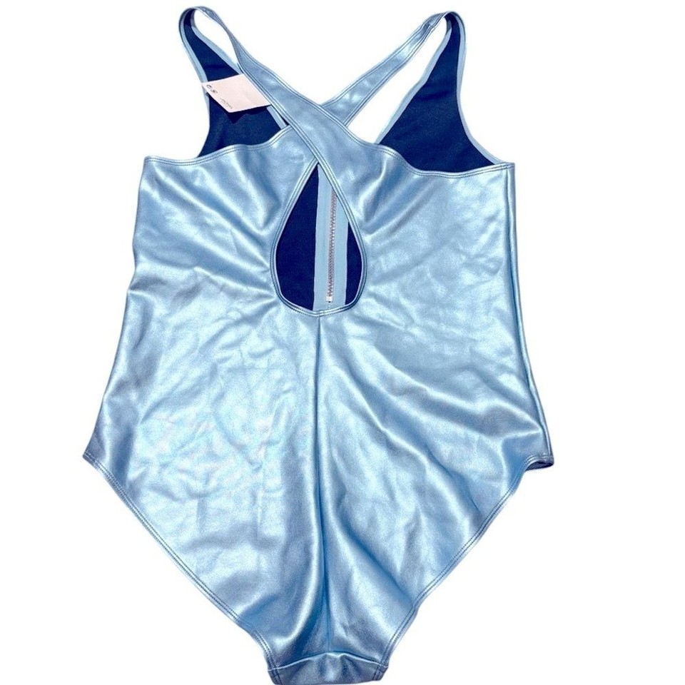 MONKI | Womens Metallic Blue High-Leg Plunge Cross-Back Swimsuit size ...