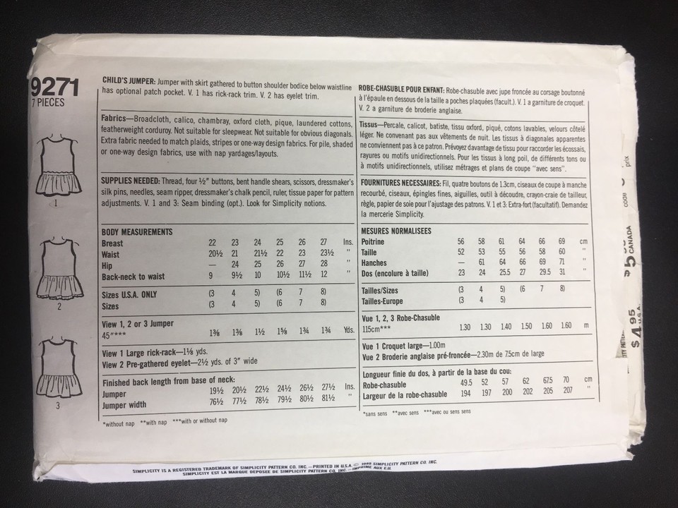 Simplicity #9271 Child's Jumper - Sizes 3, 4, 5 | eBay