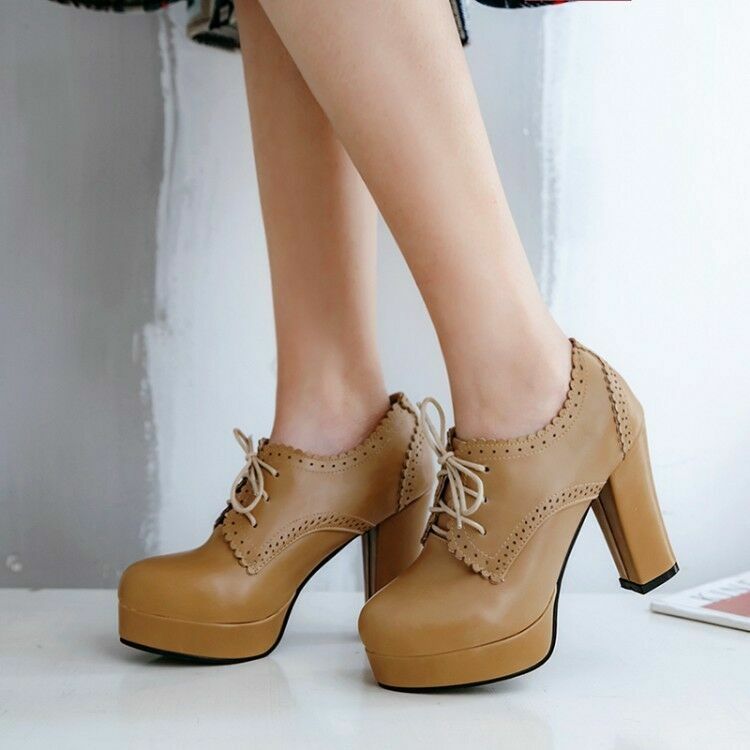 Womens Platform Lace Up Pumps High Block Heels Shoes Casual Plus Size ...