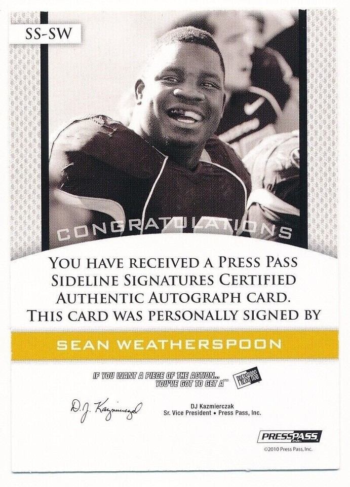 SEAN WEATHERSPOON 2010 PRESS PASS SIDELINE SIGNATURES RED AUTOGRAPH 81/ ...