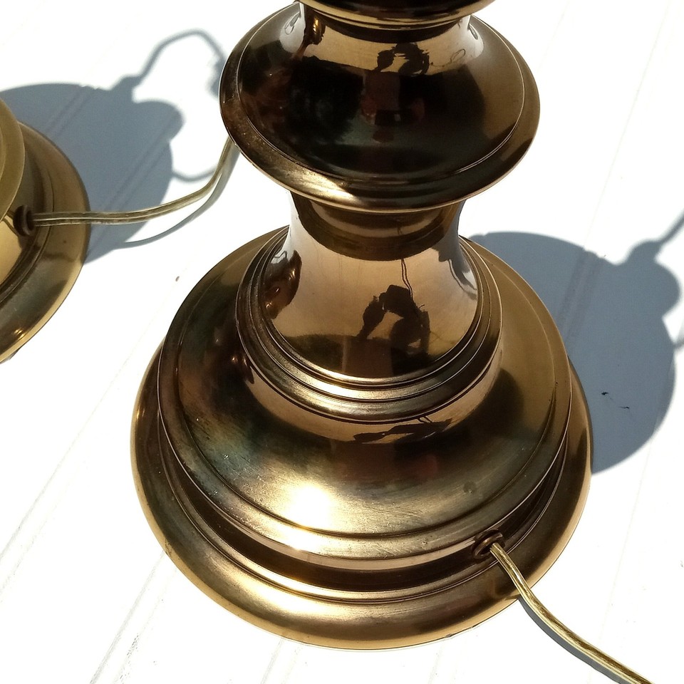 Heavy Brass Table Lamps Pair Column Trophy Style 3 Way Loop Finials ...