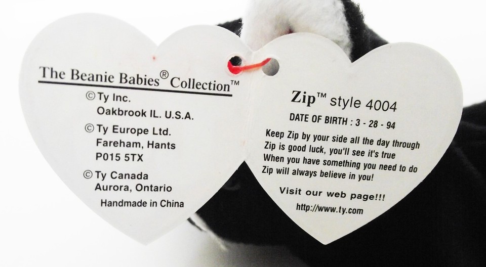TY BEANIE BABY ZIP WHITE PAWS PVC ERRORS 4TH GEN HANG TAG 5TH GEN TUSH ...
