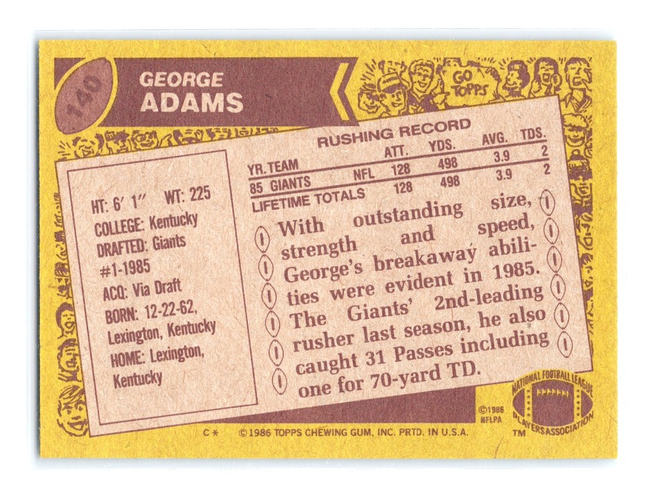 1986 Topps Football #140 George Adams RC Rookie New York Giants | eBay