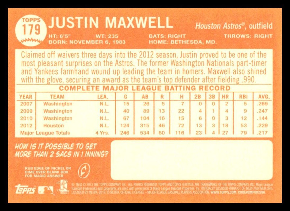 2013 Topps Heritage #179 Justin Maxwell Houston Astros | eBay