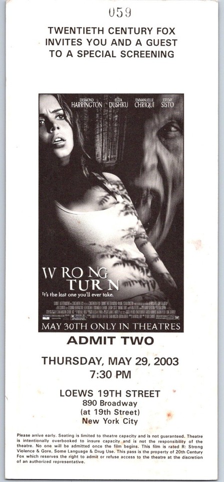 2004 Wrong Turn Pre-Release Screening Ticket Desmond Harrington Eliza ...