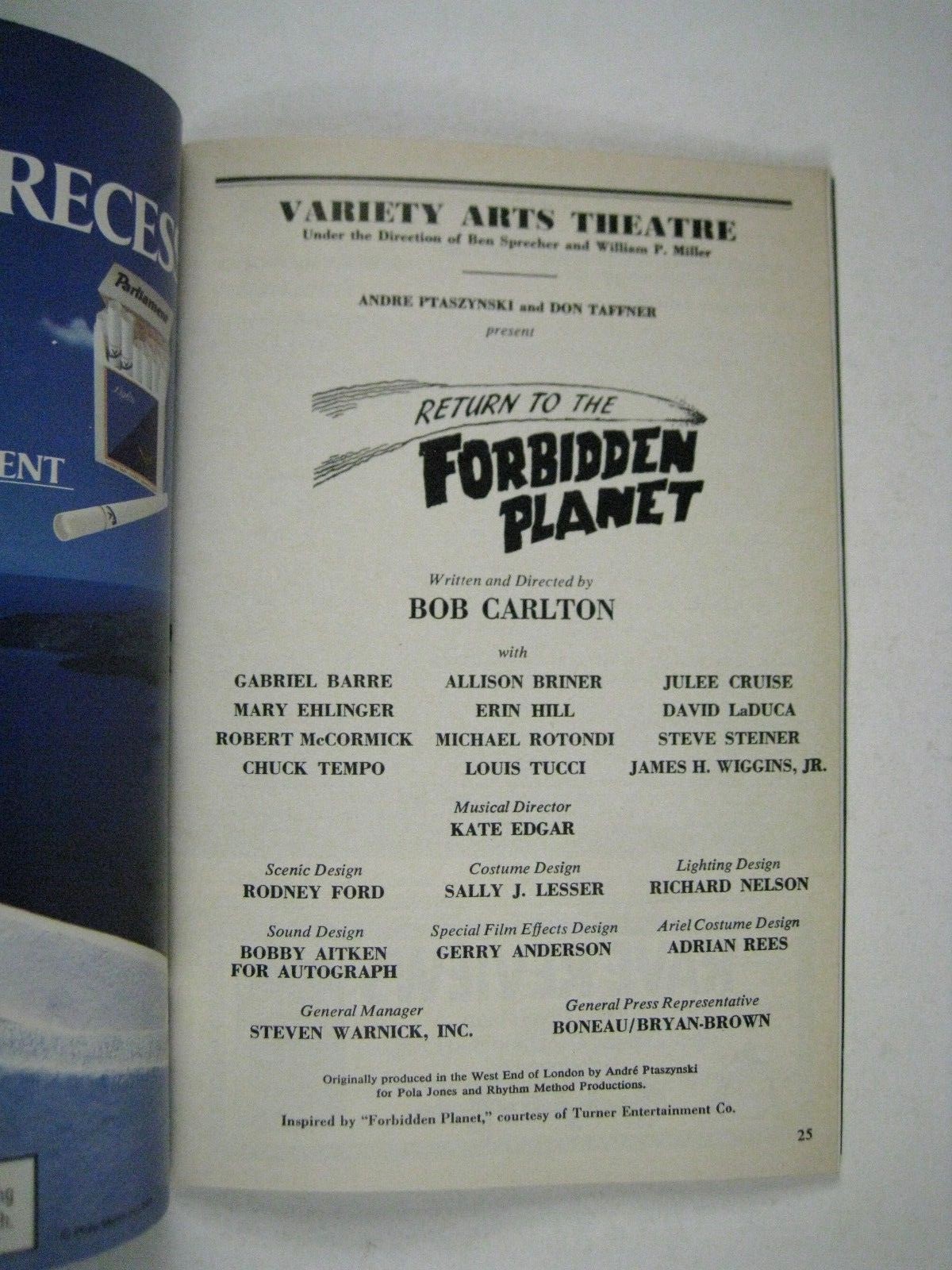Return to Forbidden Planet Playbill 1991 Variety Arts Theatre Barre ...