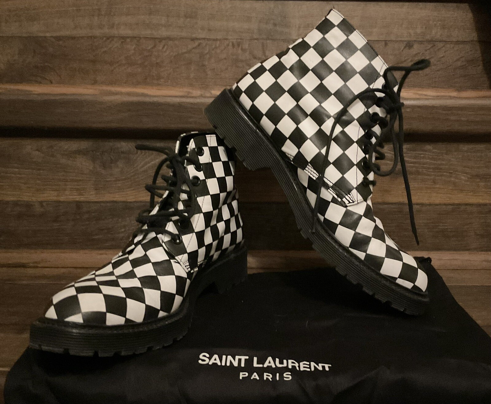 Saint Laurent Black White Lace Up Checkered Boots Siz… - Gem