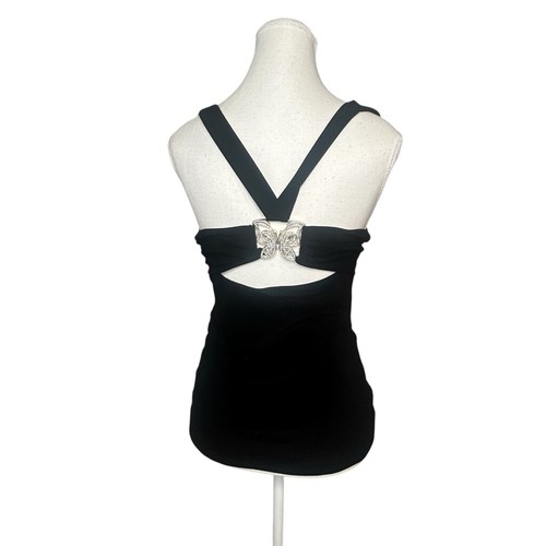 Y2K Butterfly Rhinestone Back Black Rouched Drapey black tank top | eBay