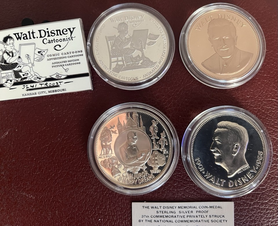 4 Walt Disney Rare Sterling Silver & Bronze Coins Plus A Rare Disney ...