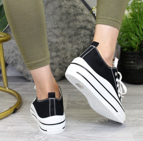 Ladies Canvas Trainers Platform Sneakers Plimsolls Lace Up Pumps Women ...