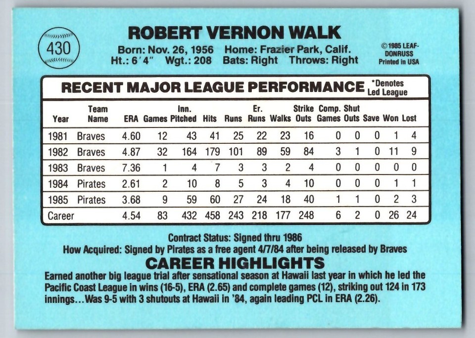 1986 DONRUSS BOB WALK PITTSBURGH PIRATES #430 | eBay