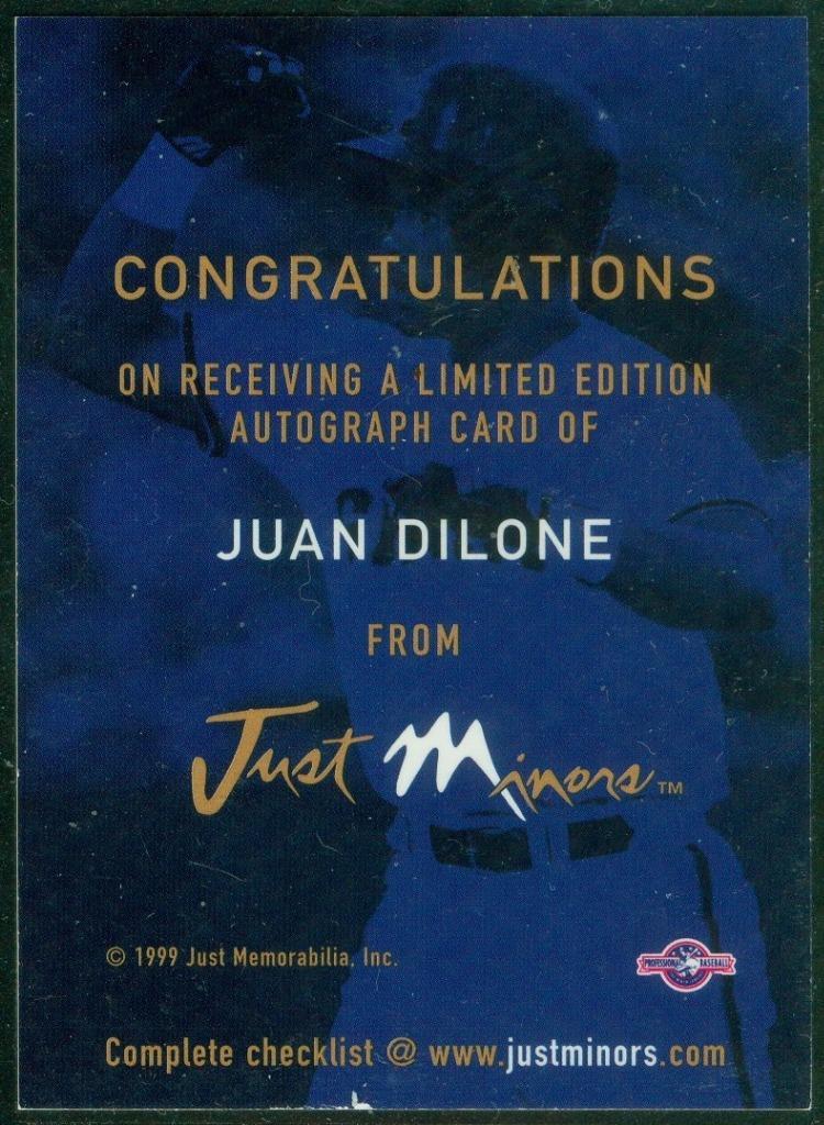 Original Autograph of Juan Dilone of the San Jose Giants on a 1999 Just ...