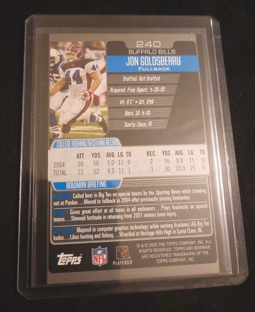 2005 Bowman Football Card #240 Jon Goldsberry Rookie Buffalo Bills ...