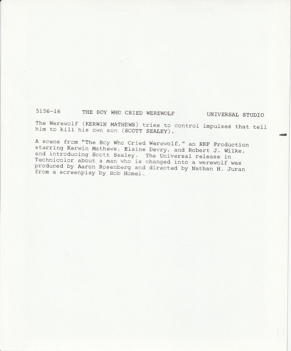 Original Photo 1973 The Boy Who Cried Werewolf Kerwin Mathews Scott ...