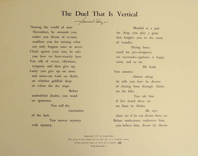 Samuel HAZO / THE DUEL THAT IS VERTICAL Signed Broadside 1st Edition ...