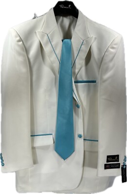 Falcone Men's Suit 5 Piece Ivory Turquoise Tie Hanky Vest Pleated Pants ...