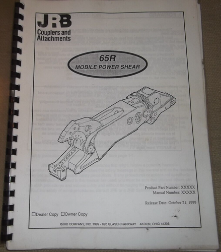 JRB 65R MOBILE POWER SHEAR PARTS OPERATION & MAINTENANCE MANUAL BOOK ...