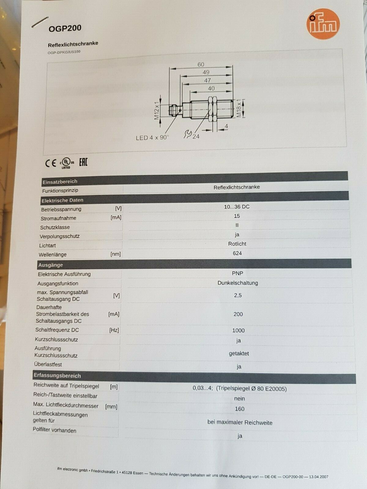 Reflexlichtschranke ifm OGP200 / V=10...36DC / M18x1 PNP / L=60mm | eBay.de