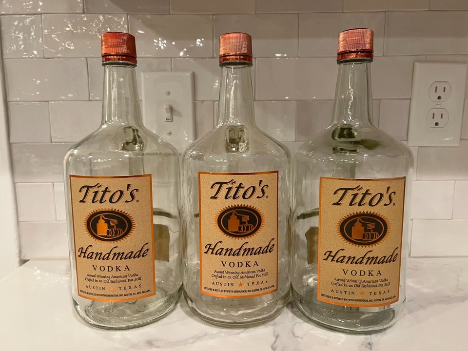 3 Tito's Handmade Vodka Bottles 1.75 Liter w/ handle, 3 Empty Glass ...