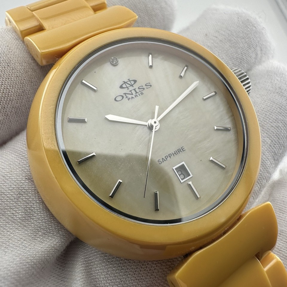 Oniss Paris Yellow Ceramic Watch Mother Pearl Sapphire Crystal Swiss ...