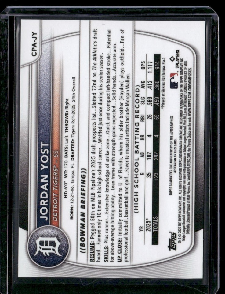 2025 Bowman Draft Jordan Yost Auto Chrome Prospect Autographs AU | eBay