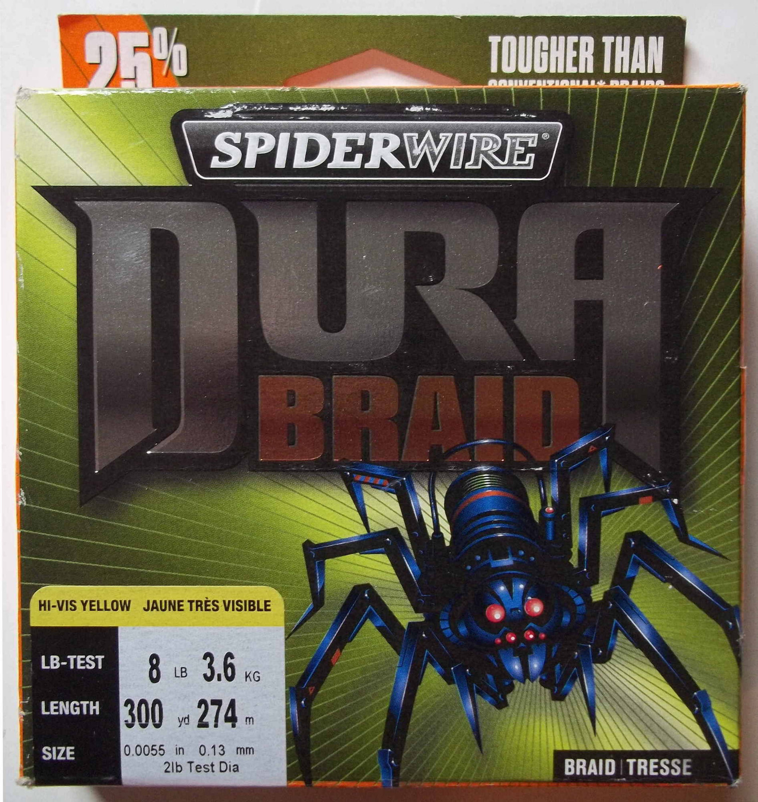 (1) Spool Spiderwire DuraBraid Braided 8LB Line(Hi-Vis Yellow-300yd ...