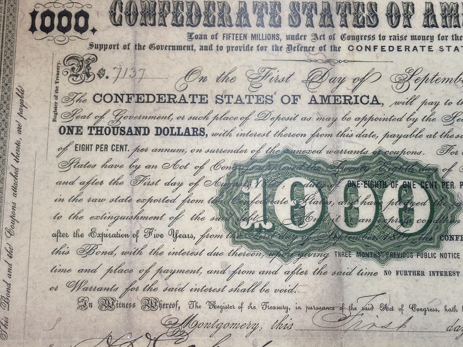1861 CSA $1000 Confederate States of America~ Montgomery Bond~Cr 8 ...