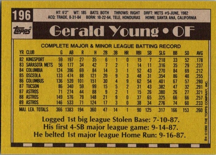 Astros Gerald Young 1989 Baseball Trading Card Number 196 Complete ...