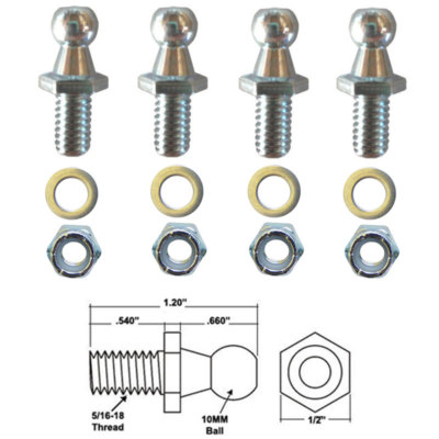 10mm Ball Studs w/ Hardware - 5/16-18 Thread x 1/2" Long Shank - Pack ...