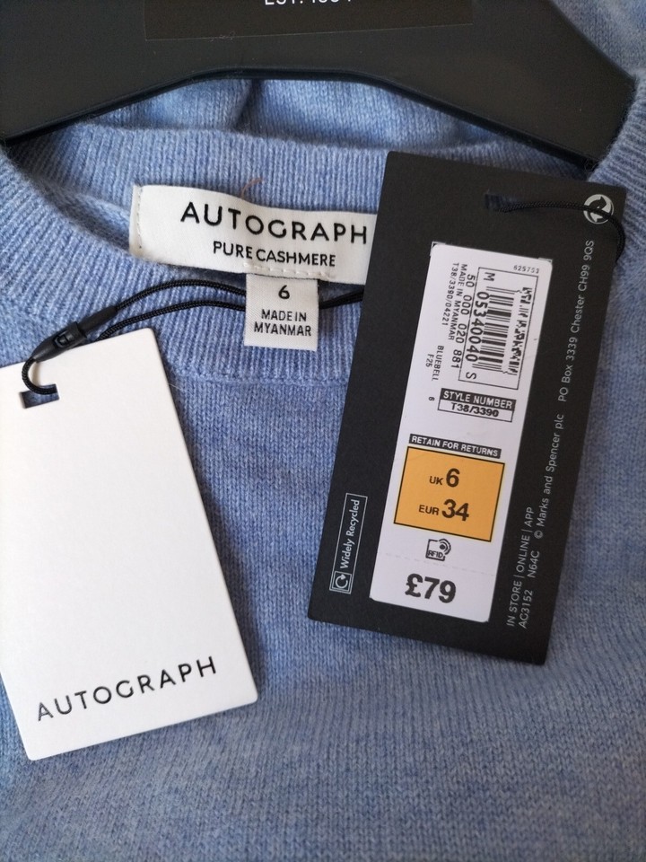 BNWT M&S Autograph Size 6 Blue 100% Cashmere Long Sleeve Jumper | eBay UK
