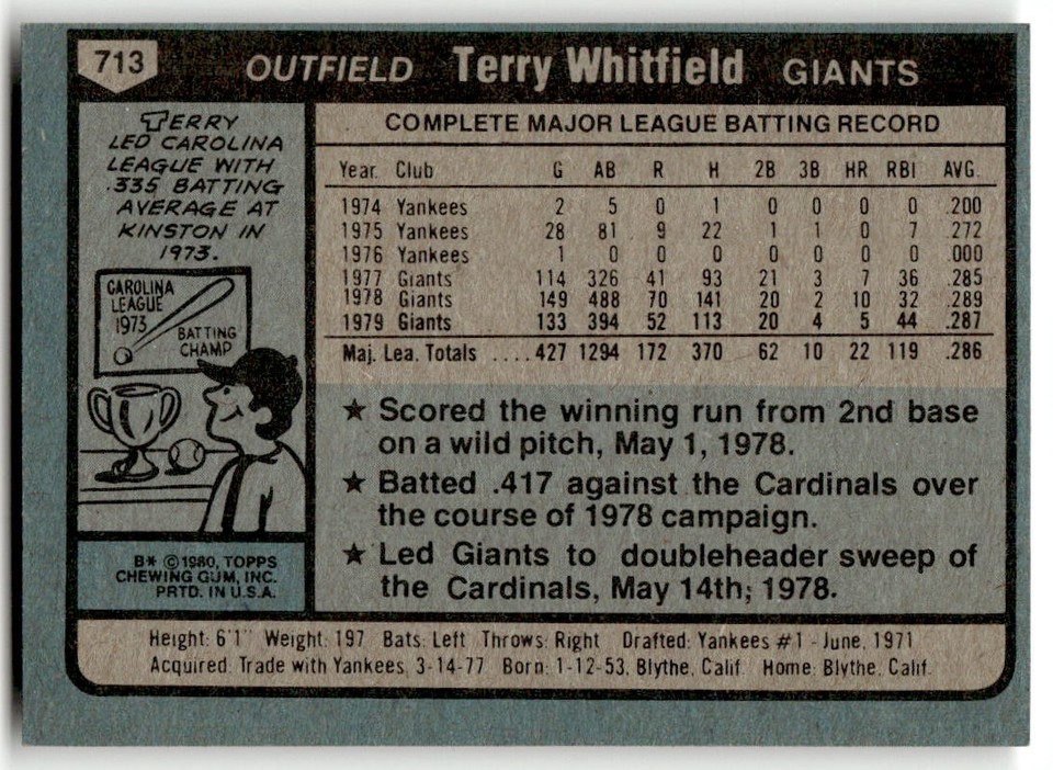 1980 Topps #713 Terry Whitfield San Francisco Giants Baseball | eBay