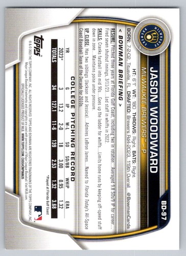 2023 Bowman Jason Woodward #BD-97 Milwaukee Brewers | eBay