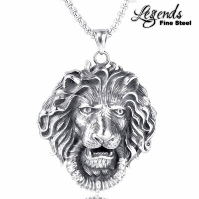 LEGENDS Genuine Stainless Steel Mens Large Lion Head Pendant Necklace ...