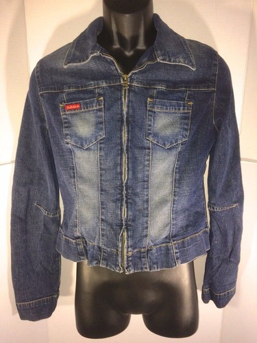 GUESS Womens Large Blue Jean Jacket Classic Stretch Denim Zip Front ...
