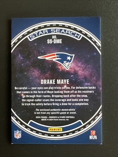 Drake Maye 2024 ROOKIES & STARS STAR SEARCH ROOKIE PATCH CARD #SS-DME ...