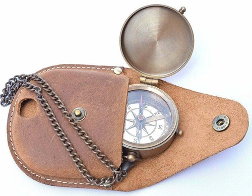 Antique Vintage Maritime 2" brass pocket nautical compass with leather ...