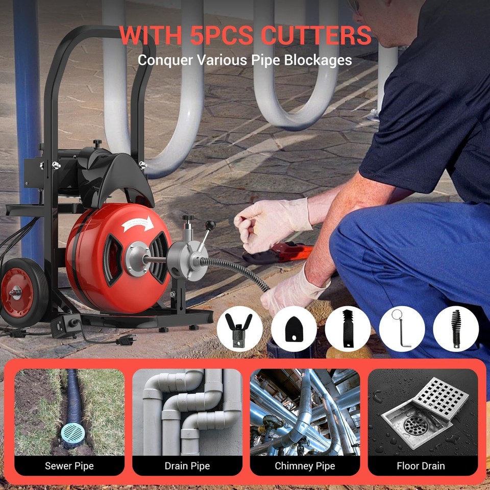 100Ft 1/2 Inch Cable Drain Cleaning Machine Portable Electric Sewer ...