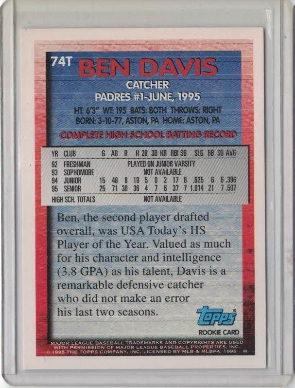 SIGNED 1995 Topps Traded #74T Ben Davis Rookie Card RC San Diego Padres ...