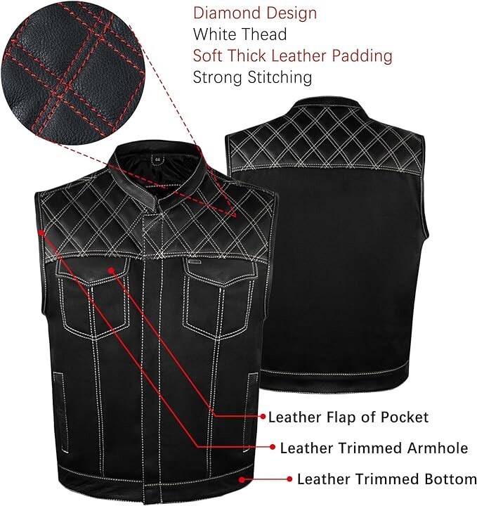 SOA Men's Motorcycle Club Denim & Leather Vest Concealed Carry Pocket ...